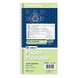 Adams Recycled Phone Message Book, 2-Part, Carbonless, 4/PG, 400 ST/BK