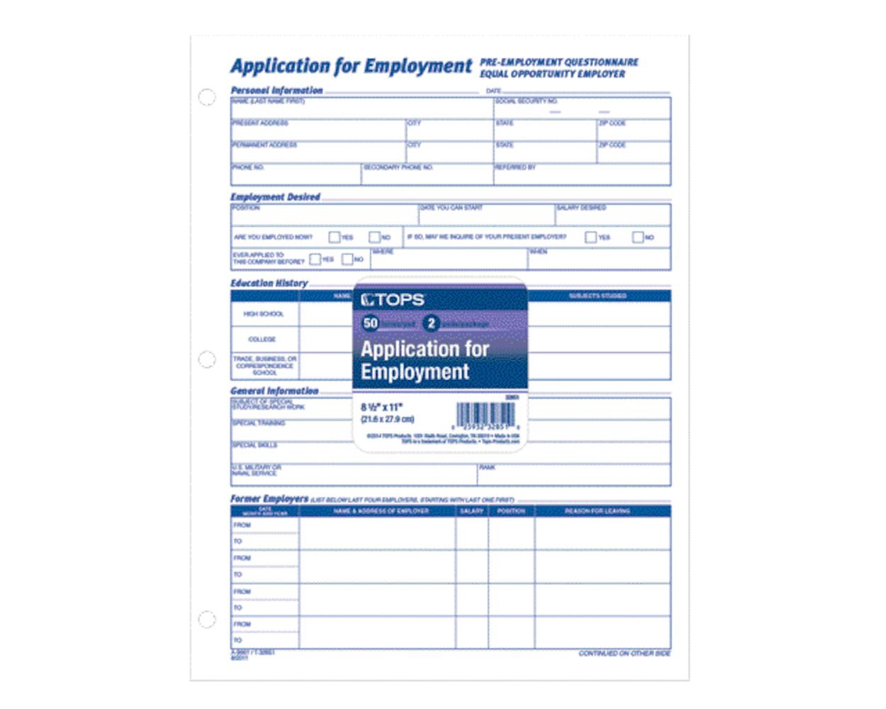 Wholesale TOPS Employment Application Forms TOP32851 in Bulk