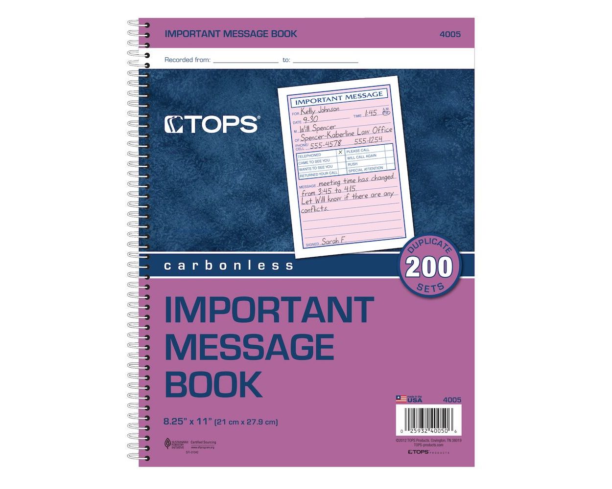TOPS Phone Message Book, 2-Part, Carbonless, 4/PG, 200 ST/BK