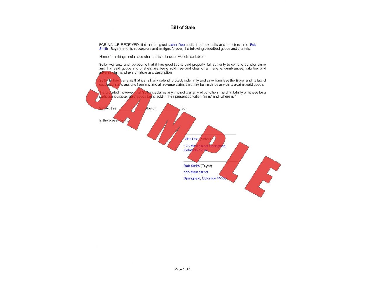 Bill Of Sale For Goods
